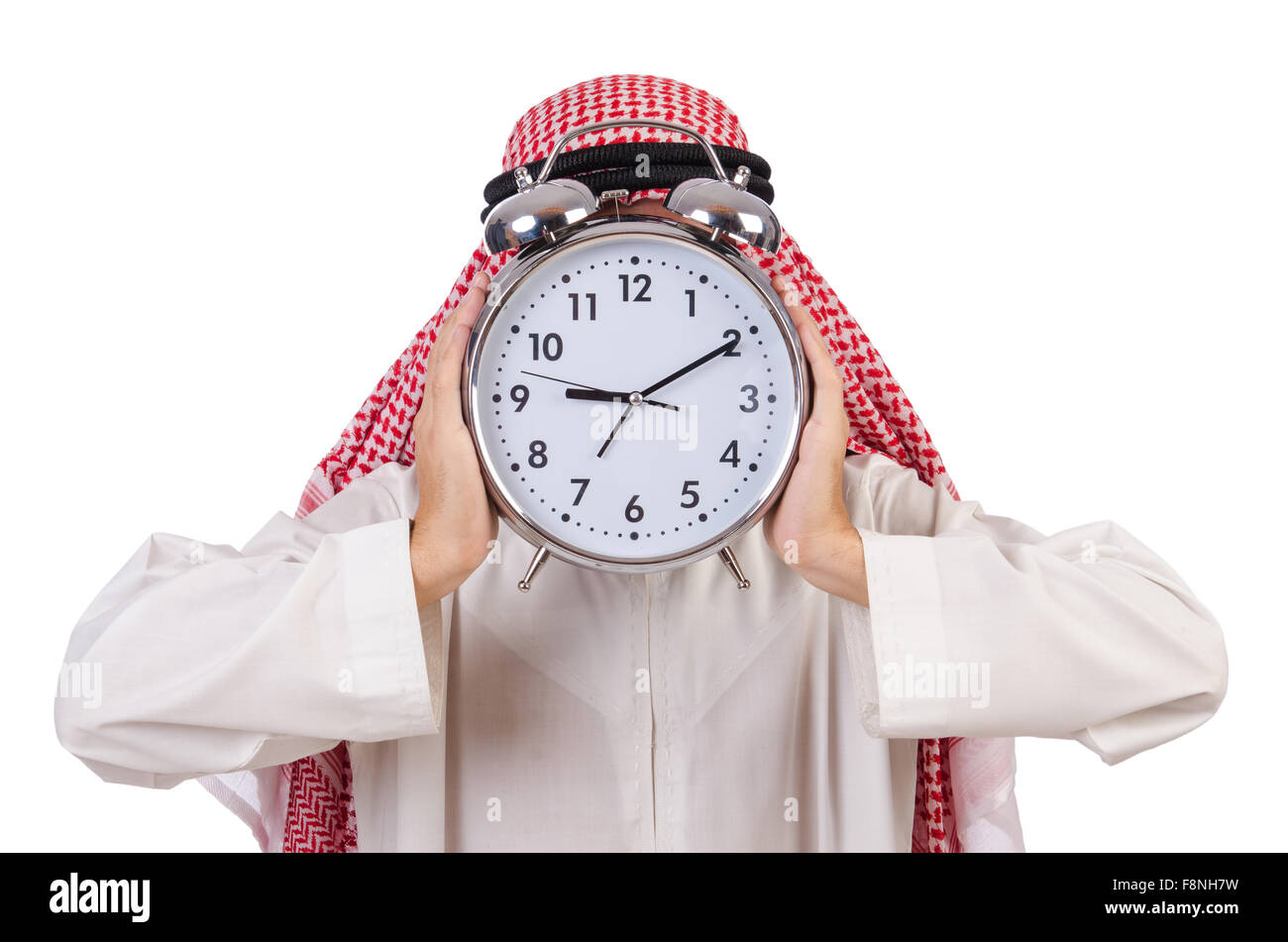 Arab man in time concept on white Stock Photo - Alamy