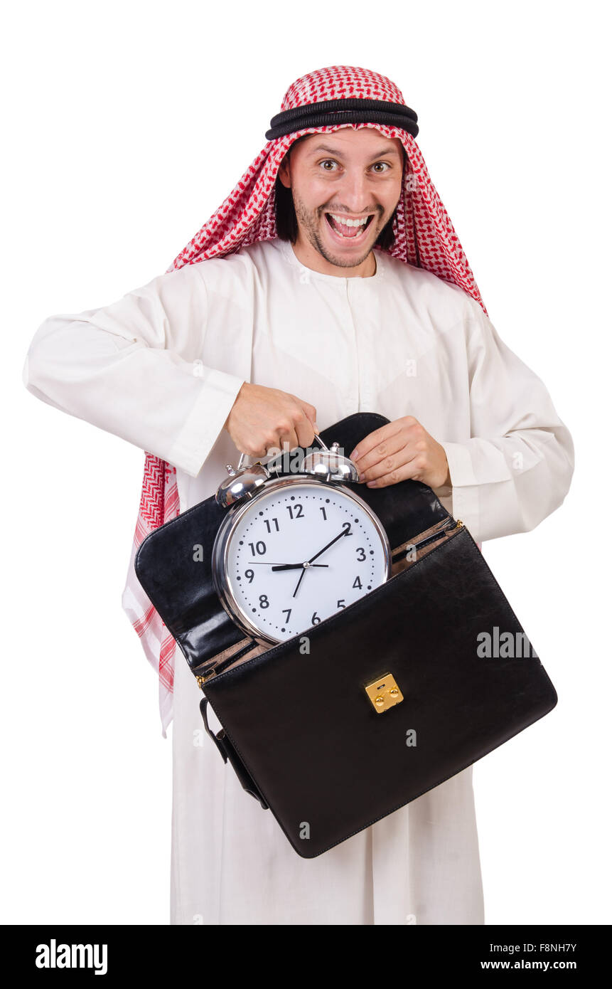 Arab man in time concept on white Stock Photo - Alamy