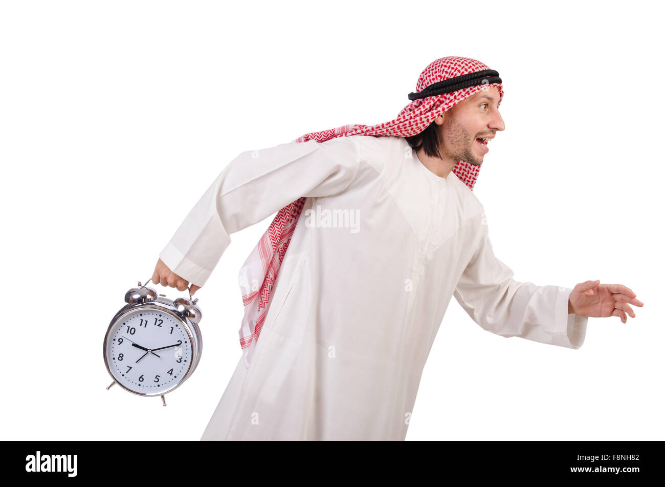 Arab man in time concept on white Stock Photo - Alamy