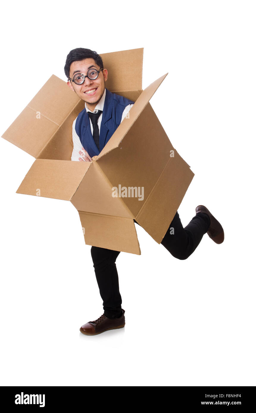 Man in thinking outside the box concept Stock Photo - Alamy