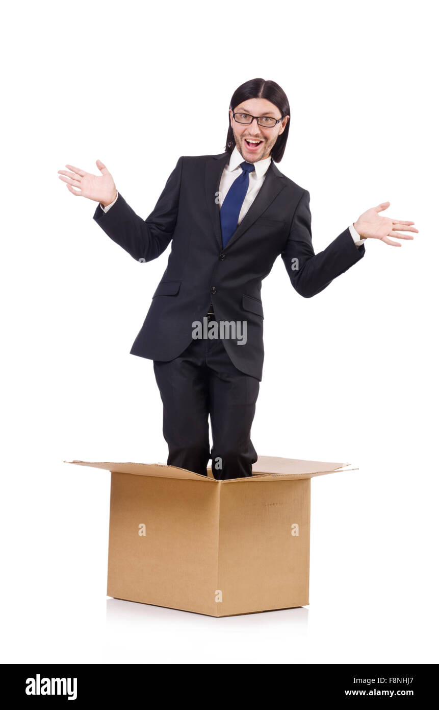 Man in thinking out of the box concept Stock Photo - Alamy