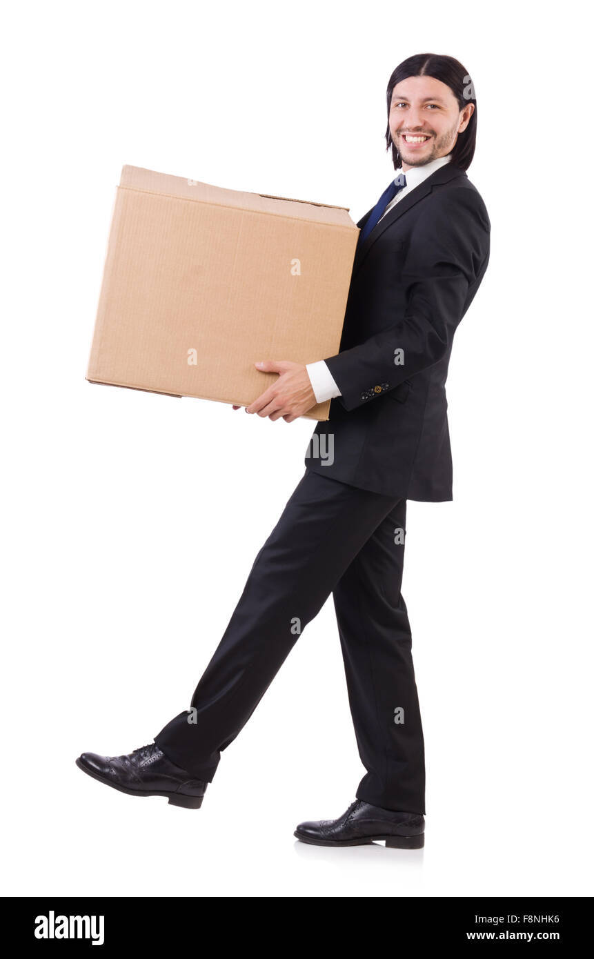 Funny man with boxes on white Stock Photo - Alamy