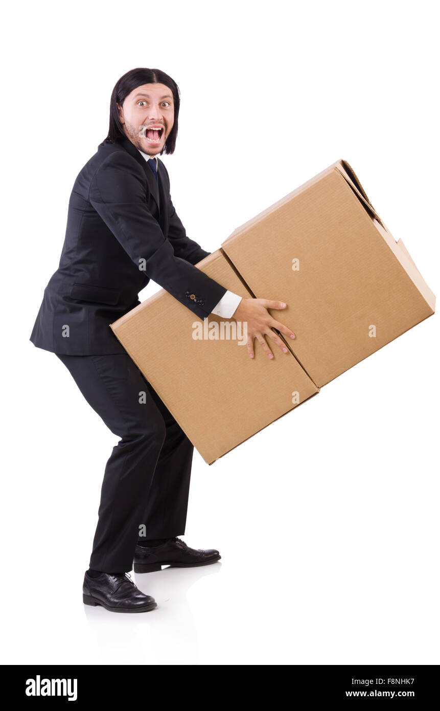 Funny man with boxes on white Stock Photo - Alamy