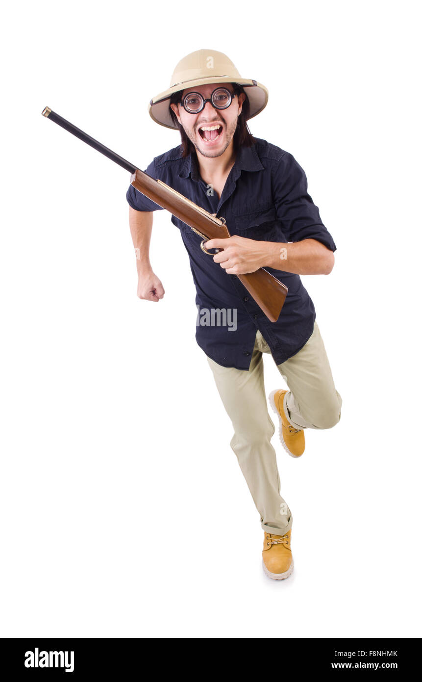 Funny hunter wearing safari hat Stock Photo - Alamy