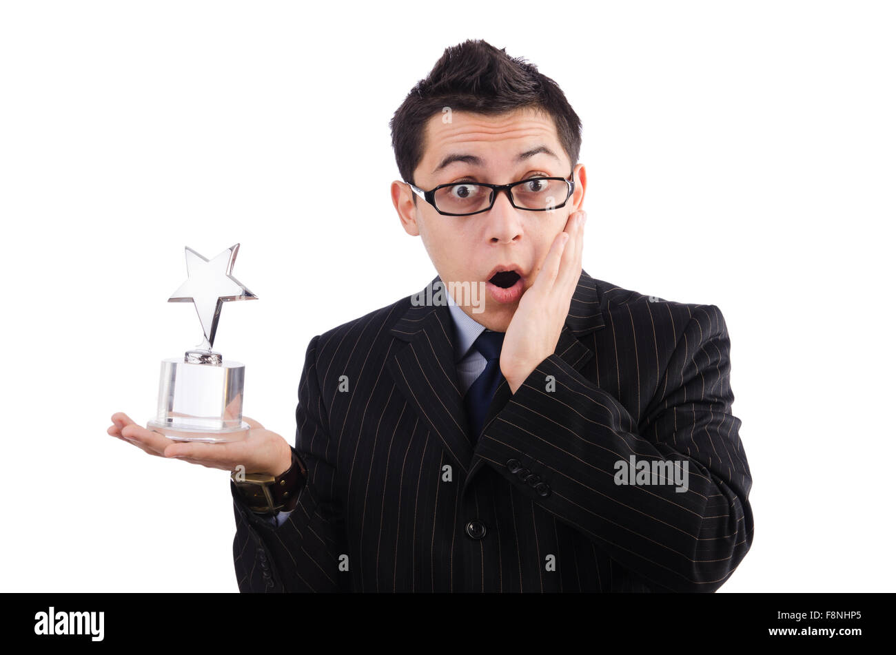 Funny guy receiving award on white Stock Photo - Alamy