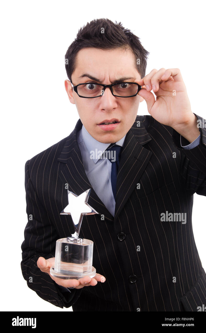 Funny guy receiving award on white Stock Photo - Alamy