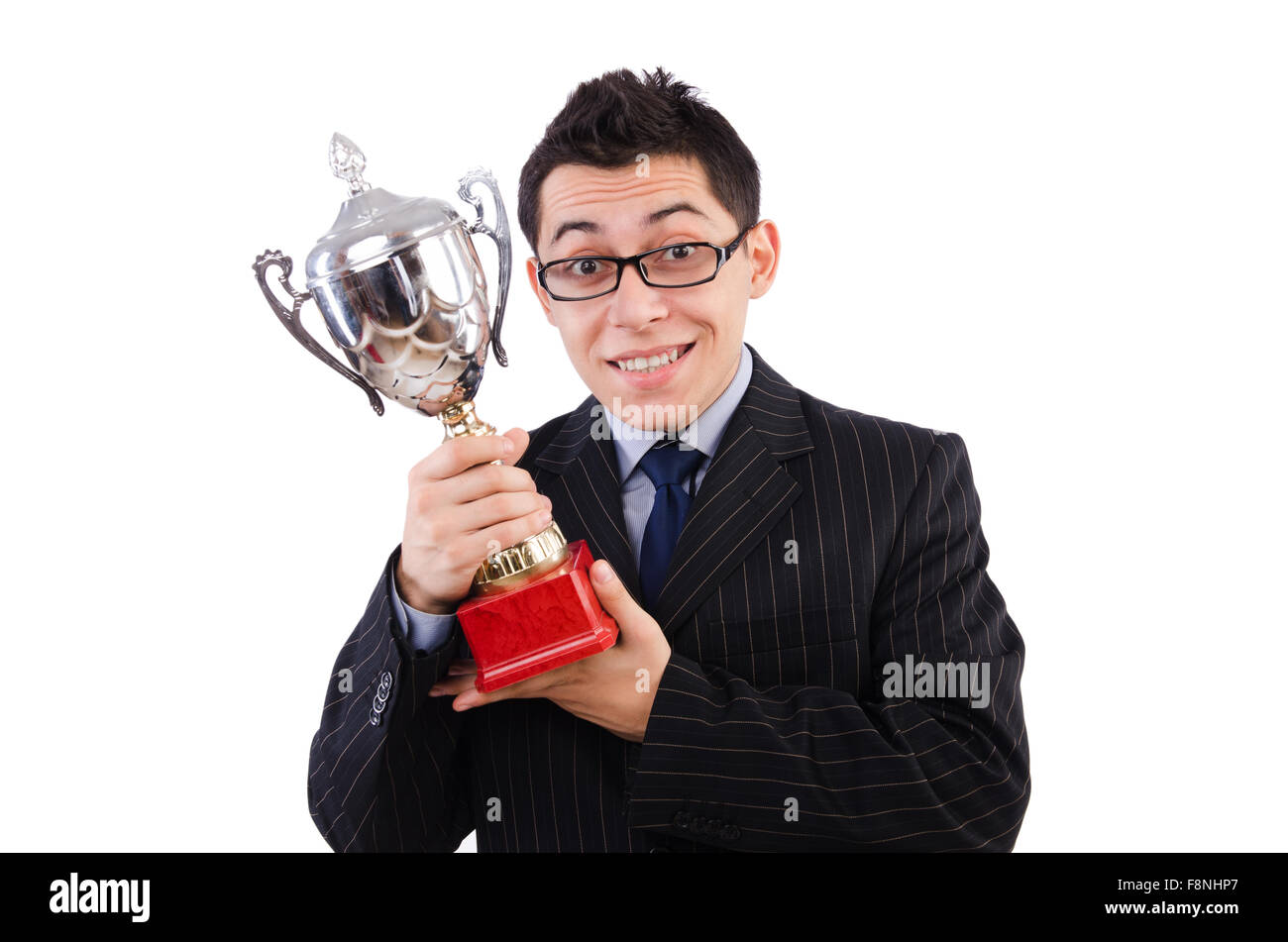 Funny guy receiving award on white Stock Photo - Alamy