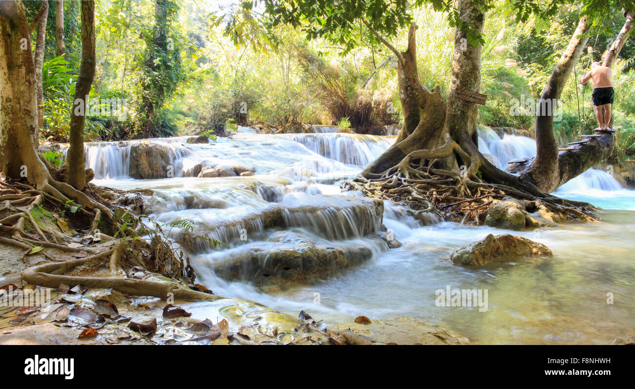 man/woman jumping in a lagoon in a river in Luang Prabang, Laos Stock ...