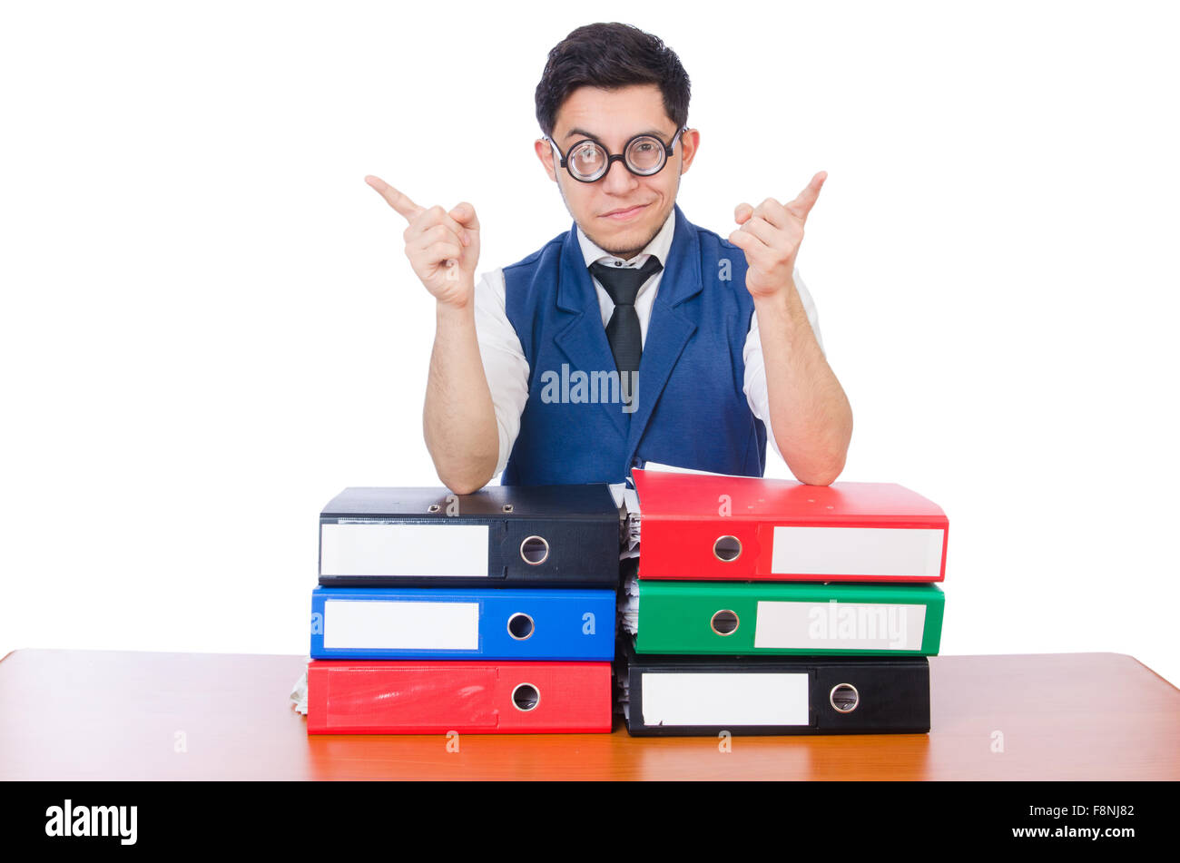 Funny man with lots of folders on white Stock Photo - Alamy