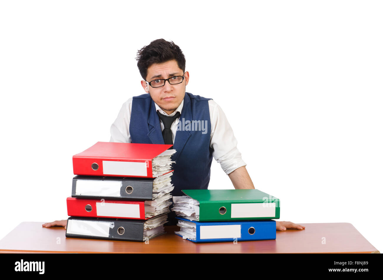 Funny man with lots of folders on white Stock Photo - Alamy