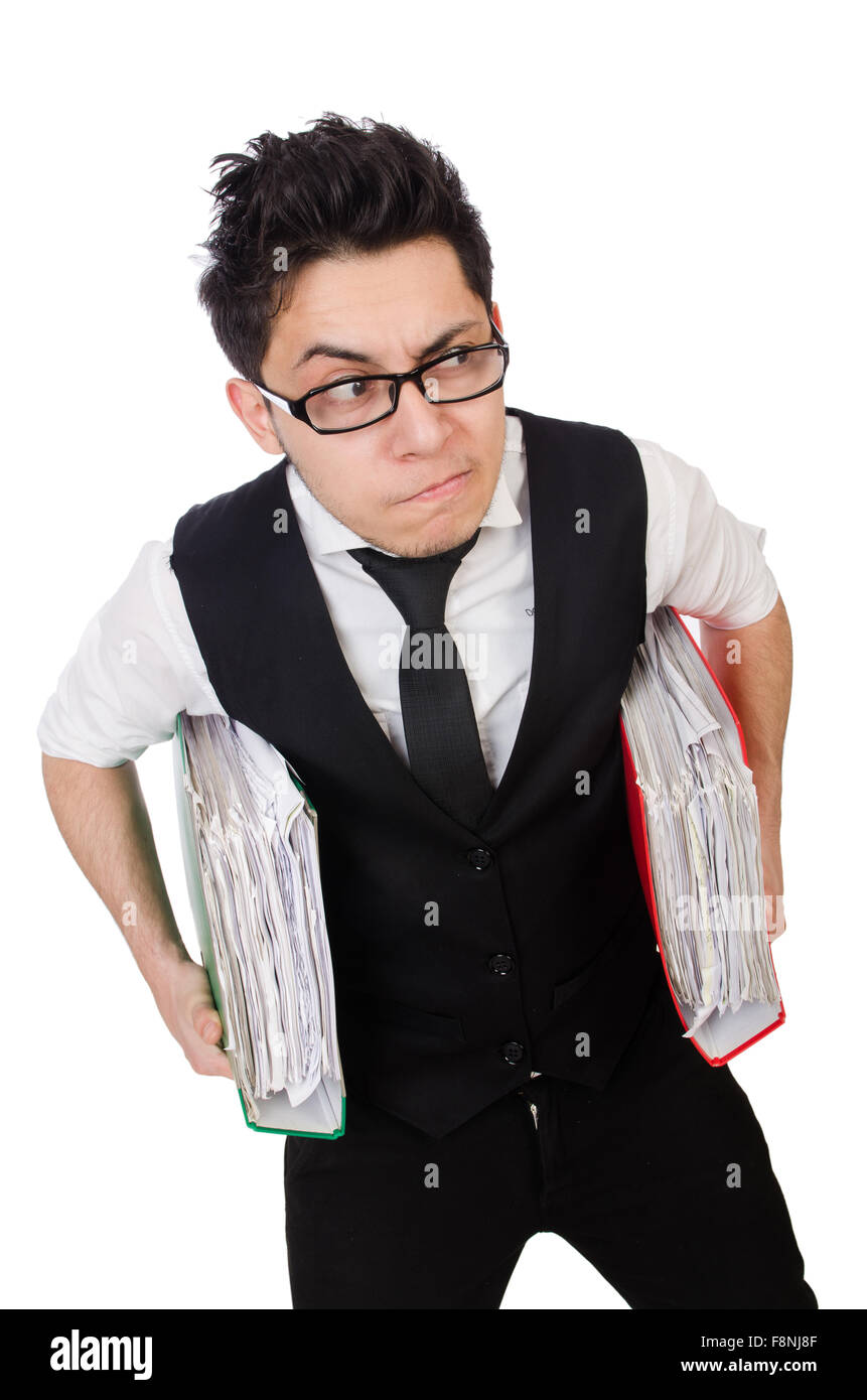 Funny man with lots of folders on white Stock Photo - Alamy