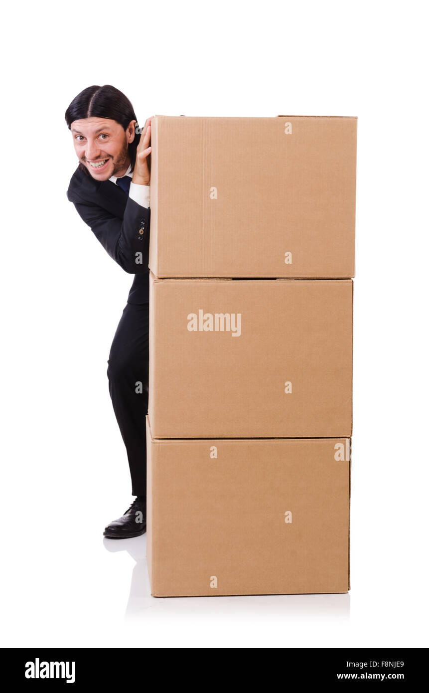 Funny man with boxes on white Stock Photo - Alamy