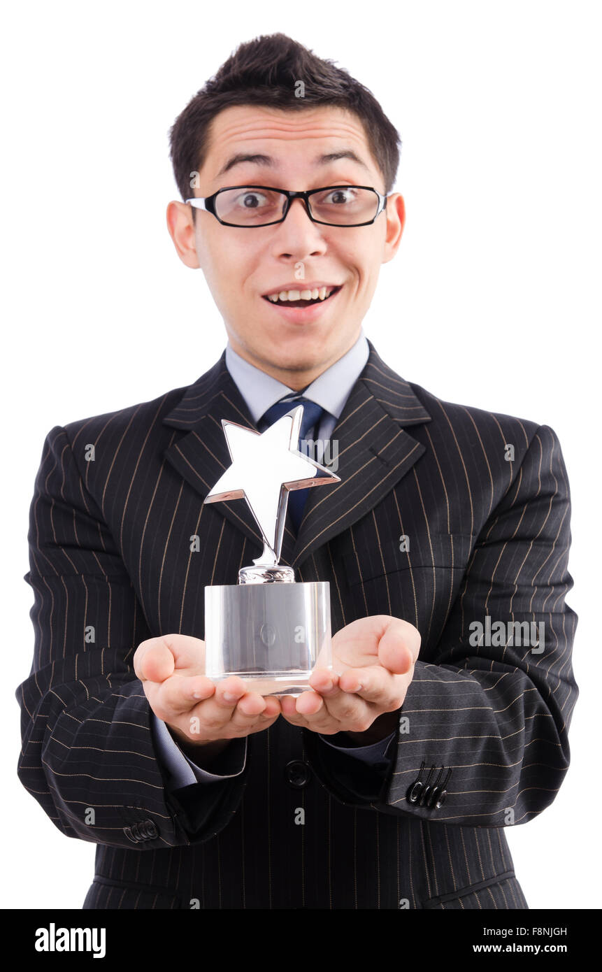 Funny guy receiving award on white Stock Photo - Alamy