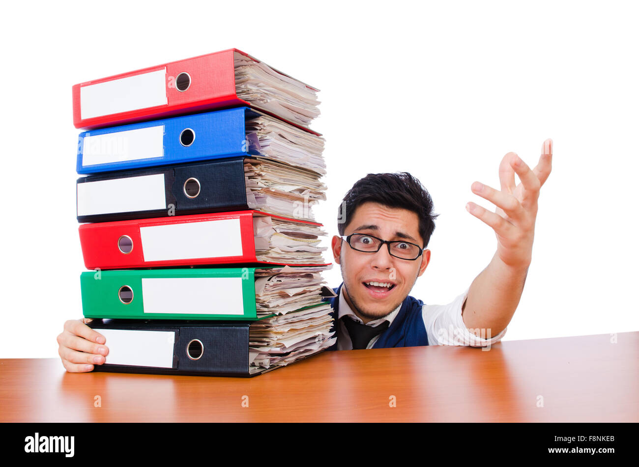 Funny man with lots of folders on white Stock Photo - Alamy