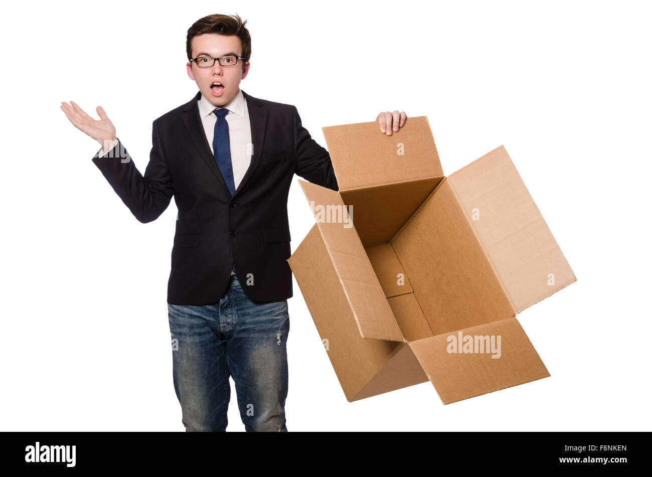 Funny man with boxes isolated on white Stock Photo - Alamy