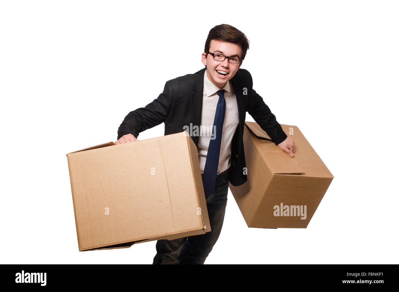 Funny man with boxes isolated on white Stock Photo - Alamy