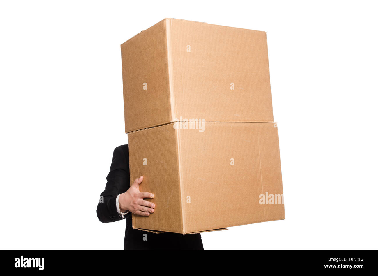 Funny man with boxes isolated on white Stock Photo - Alamy