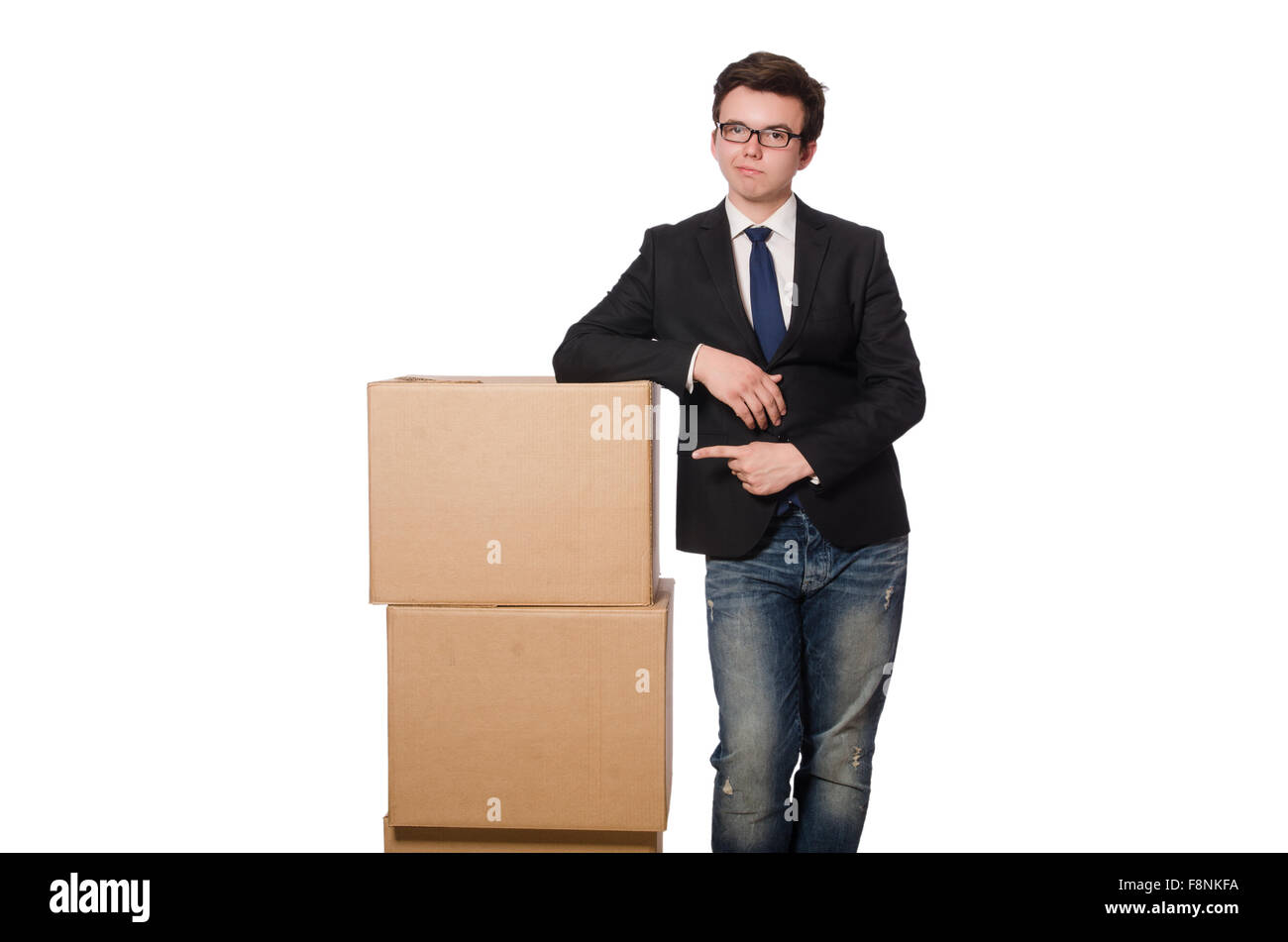 Funny man with boxes isolated on white Stock Photo - Alamy