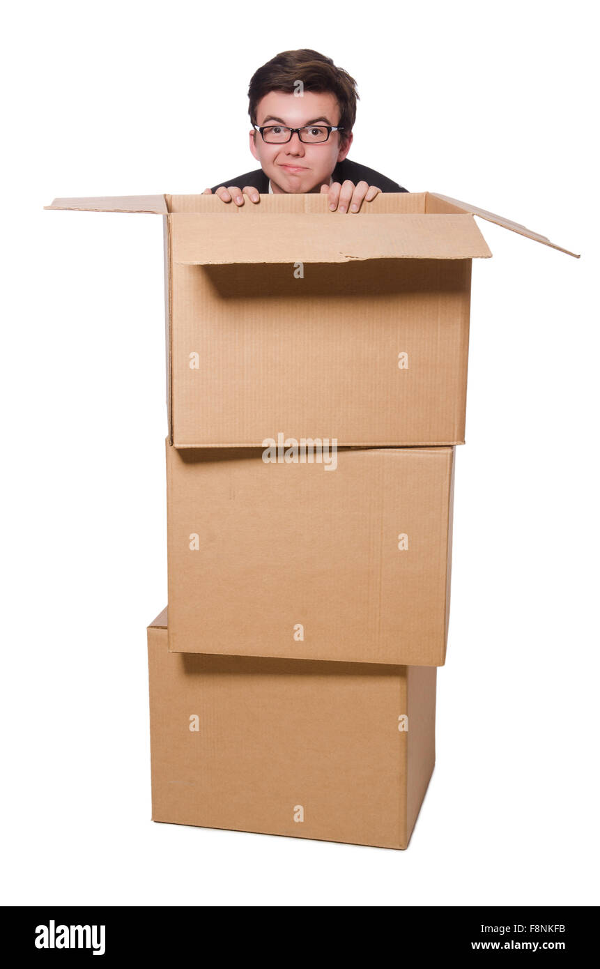 Funny man with boxes isolated on white Stock Photo - Alamy