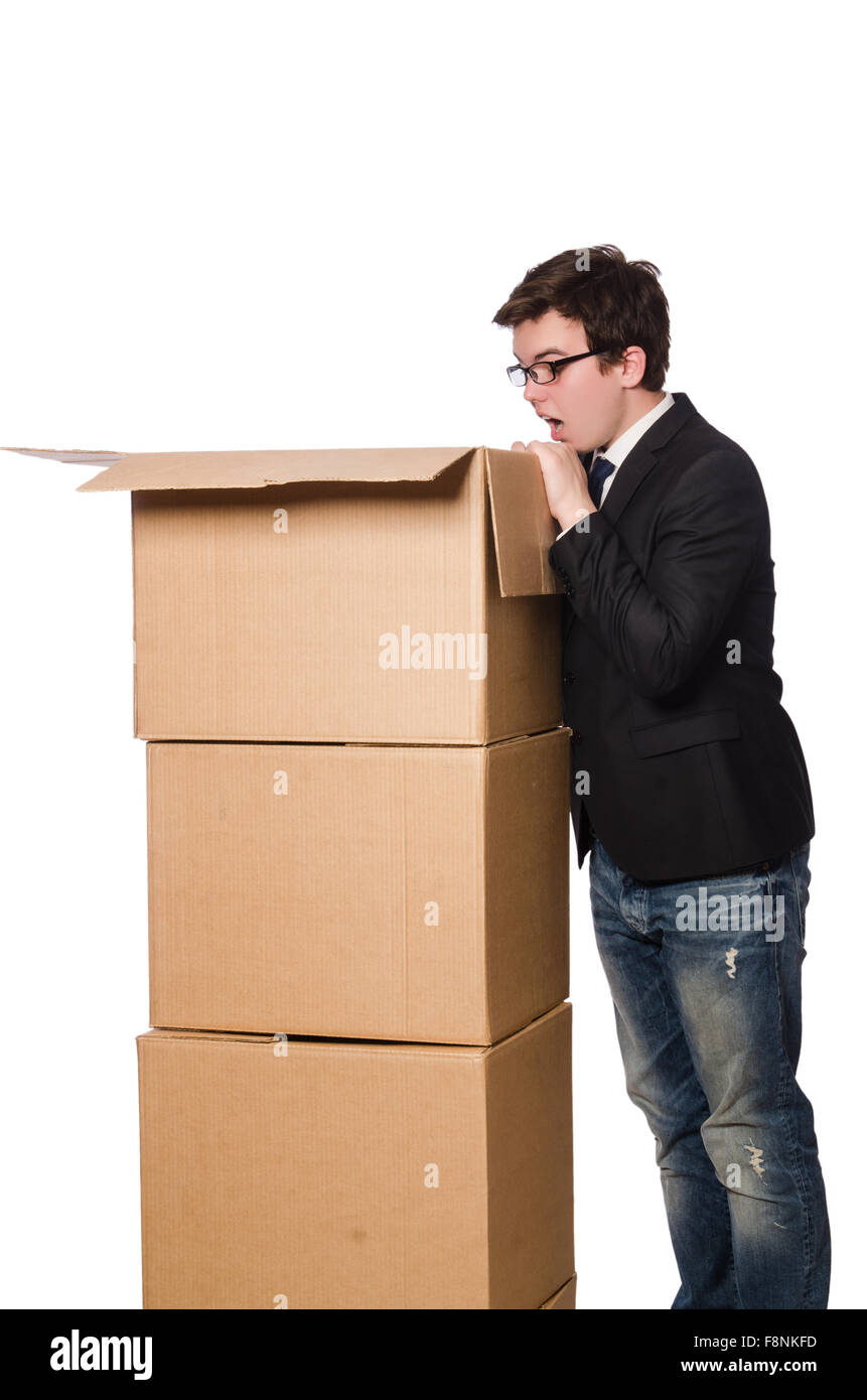 Funny man with boxes isolated on white Stock Photo - Alamy