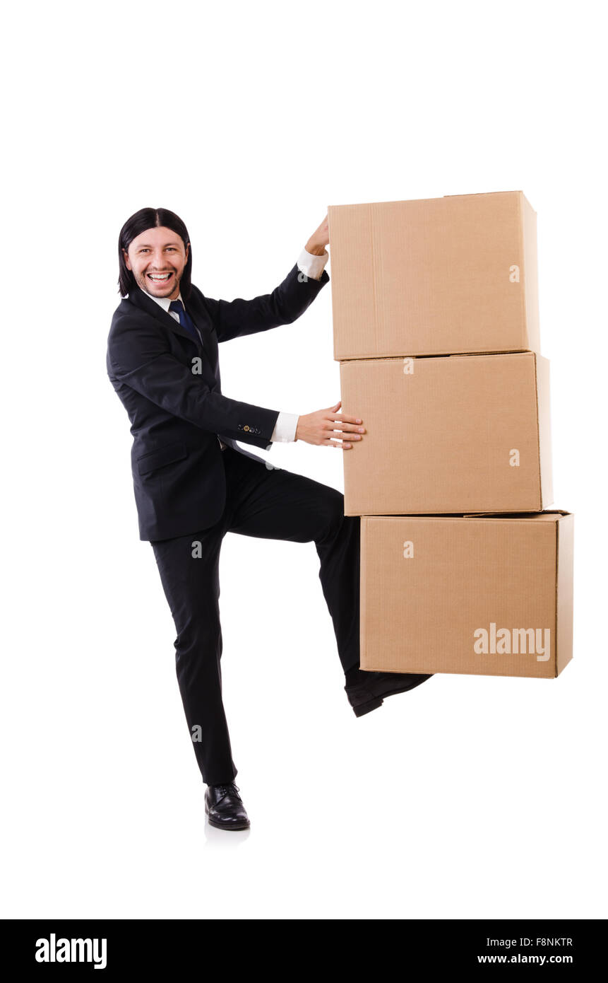 Funny man with boxes on white Stock Photo - Alamy
