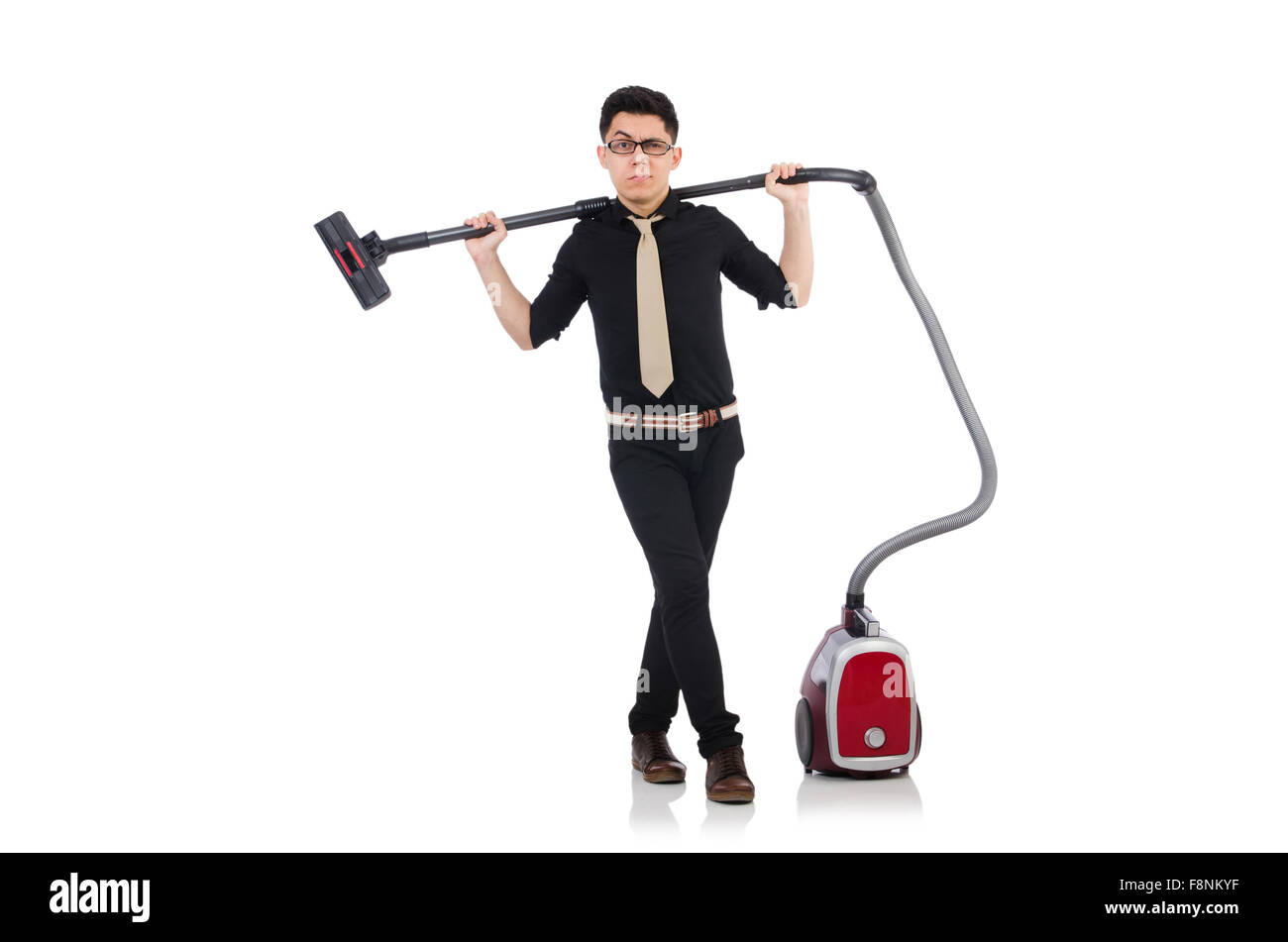 Man with vacuum cleaner isolated on white Stock Photo - Alamy