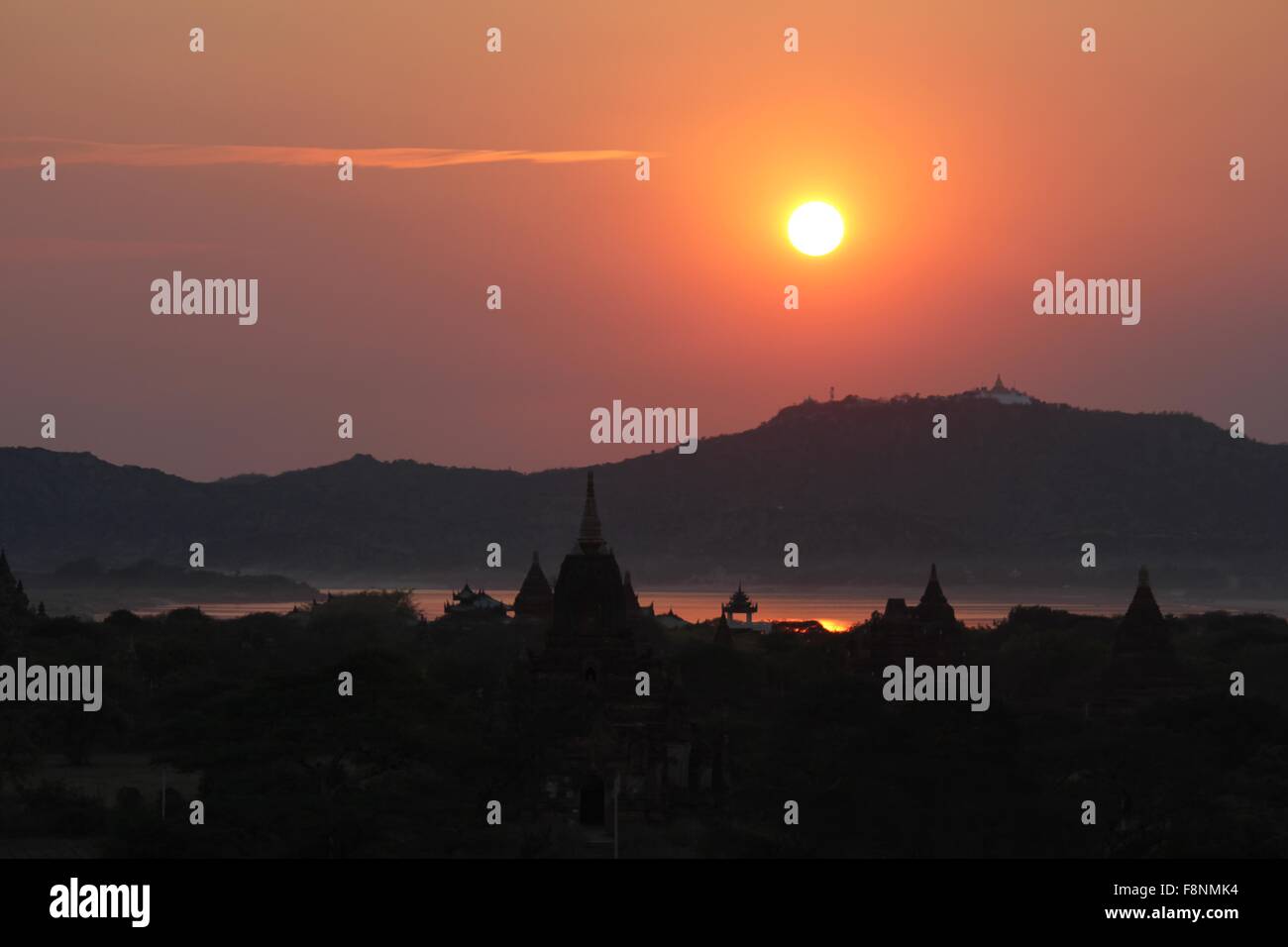 Scenic Sunset in Bagan, River and temples in Burma, Myanmar Stock Photo ...