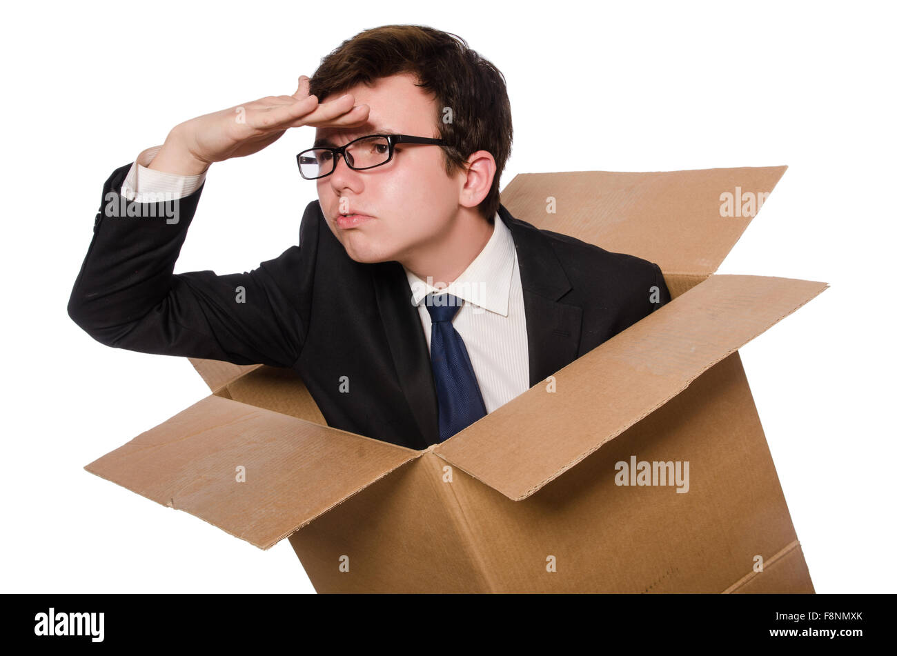 Funny man with boxes isolated on white Stock Photo - Alamy