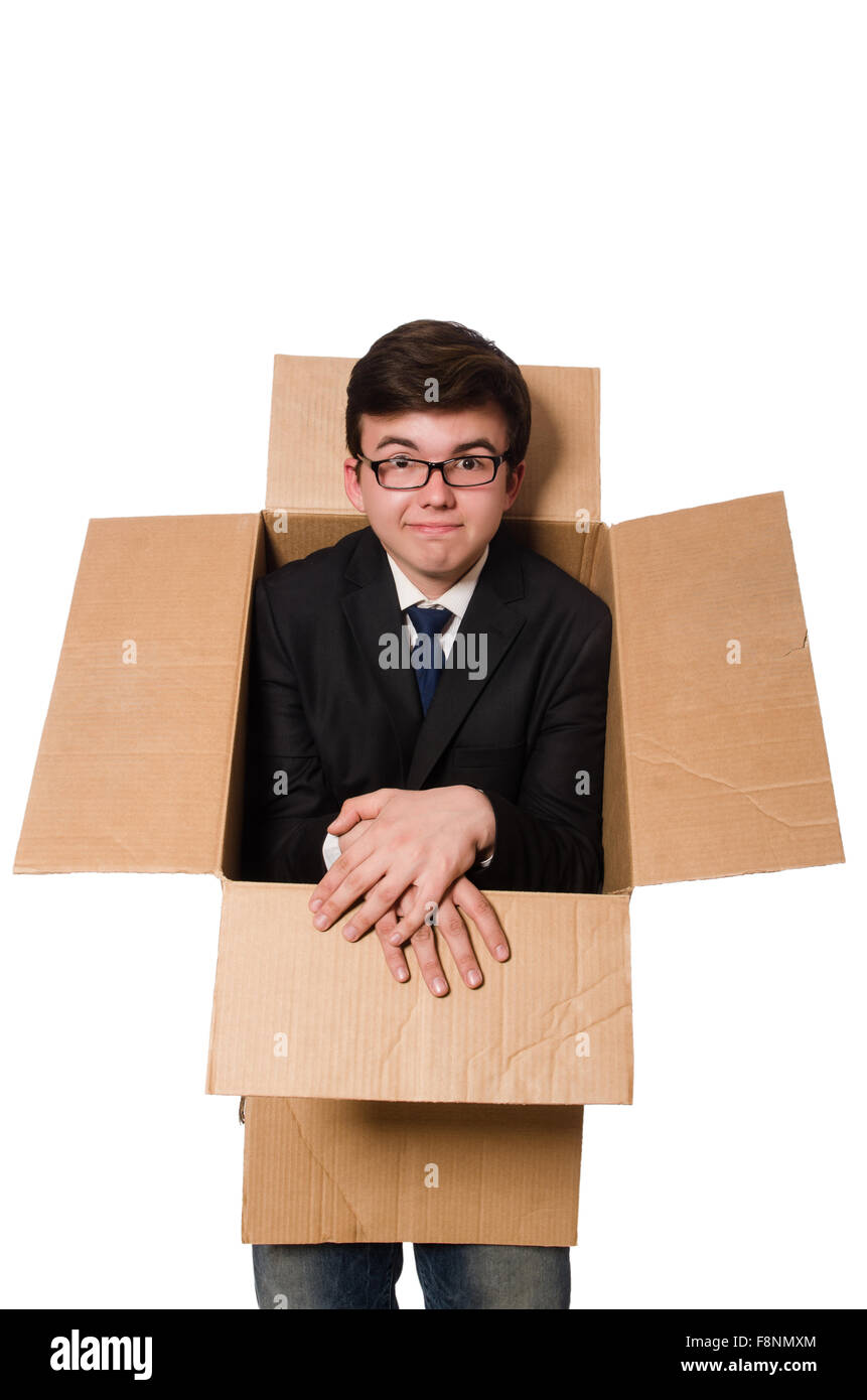 Funny man with boxes isolated on white Stock Photo - Alamy