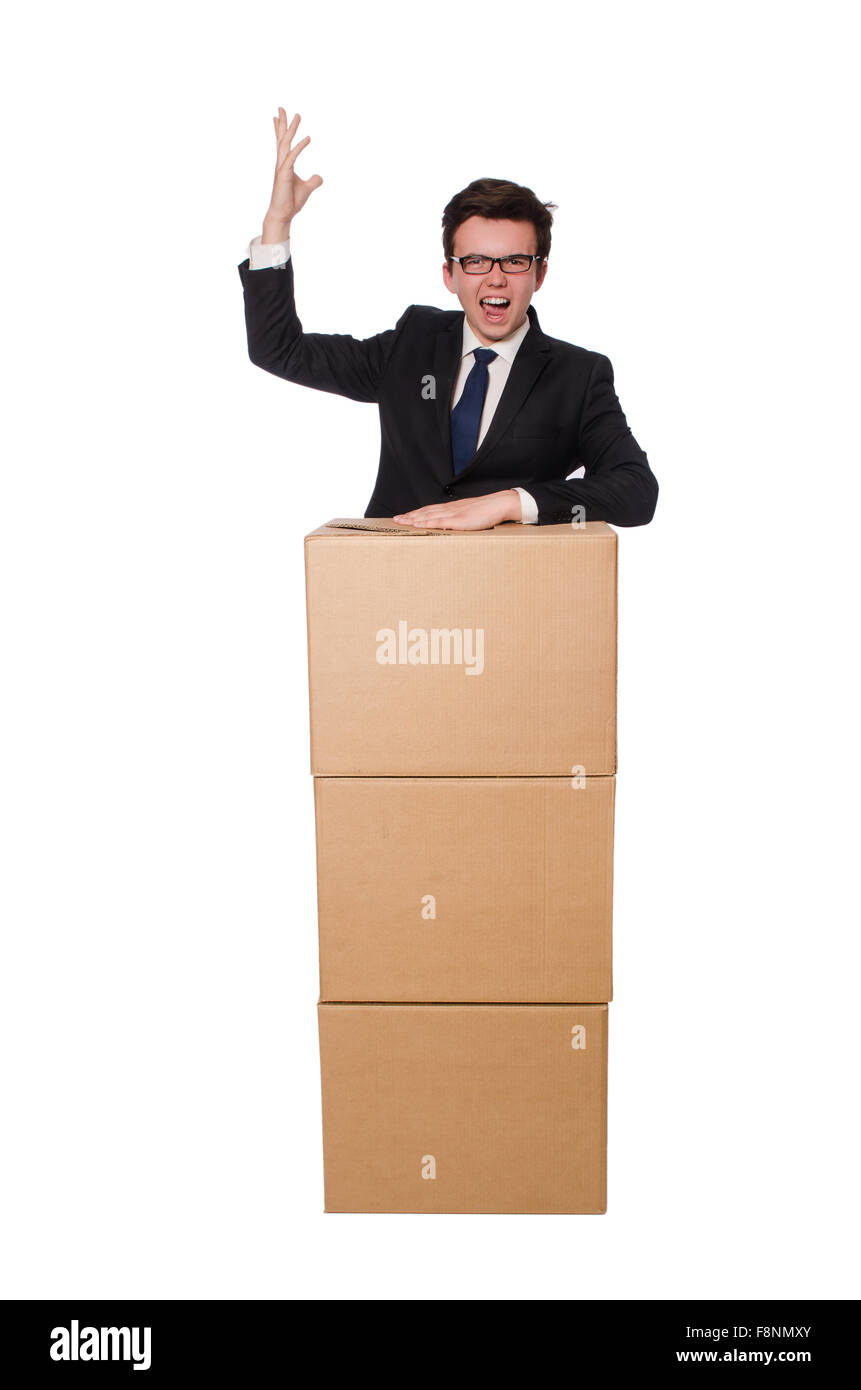 Funny man with boxes isolated on white Stock Photo - Alamy