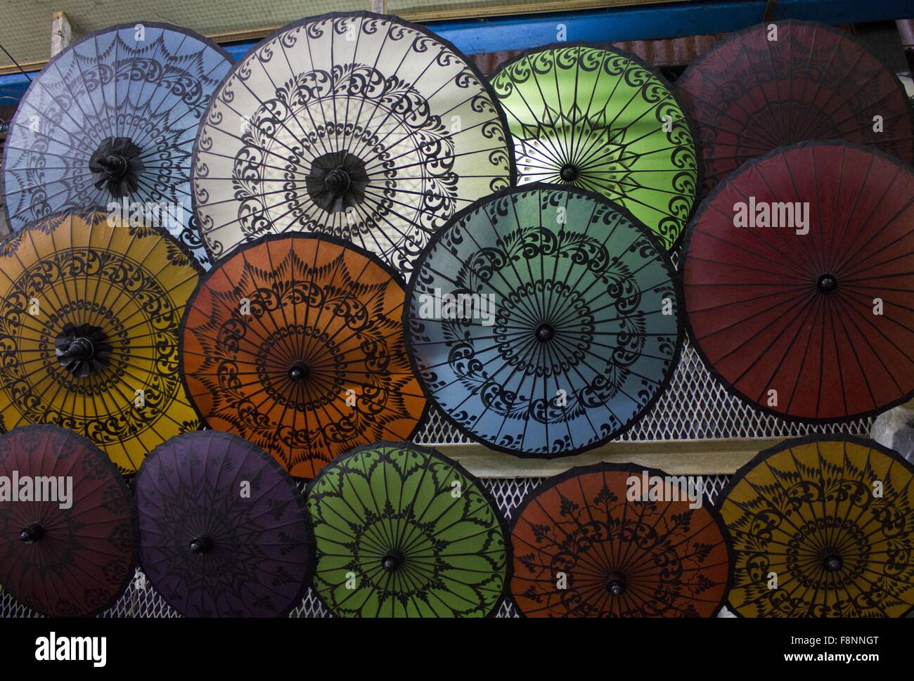 Colorful display of Myanmar umbrellas Stock Photo - Alamy