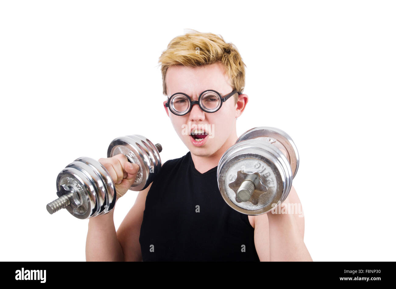 Man with dumbbells isolated on white Stock Photo - Alamy