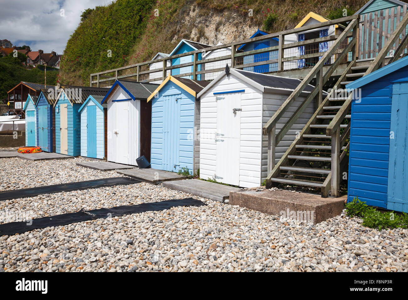 Huts on the beach at Beer, Lyme Bay Devon England UK Europe Stock Photo ...