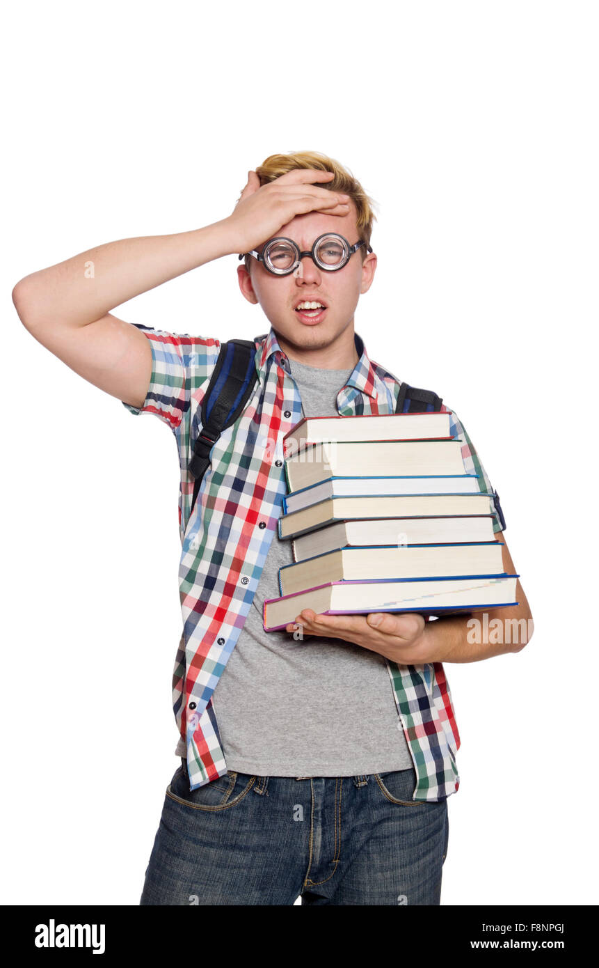 Funny student with stack of books Stock Photo - Alamy