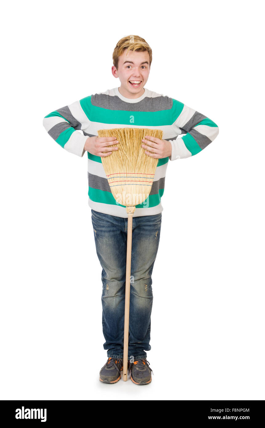 Funny man with mop isolated on white Stock Photo - Alamy
