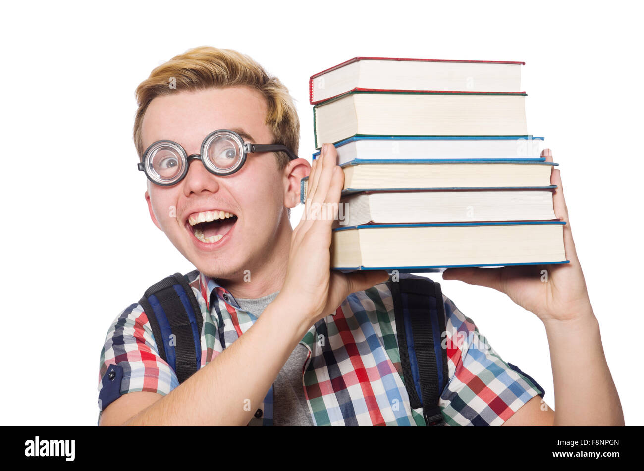 Funny student with stack of books Stock Photo - Alamy
