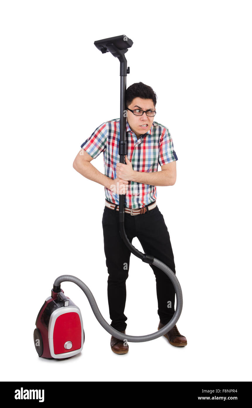 Funny man with vacuum cleaner on white Stock Photo - Alamy