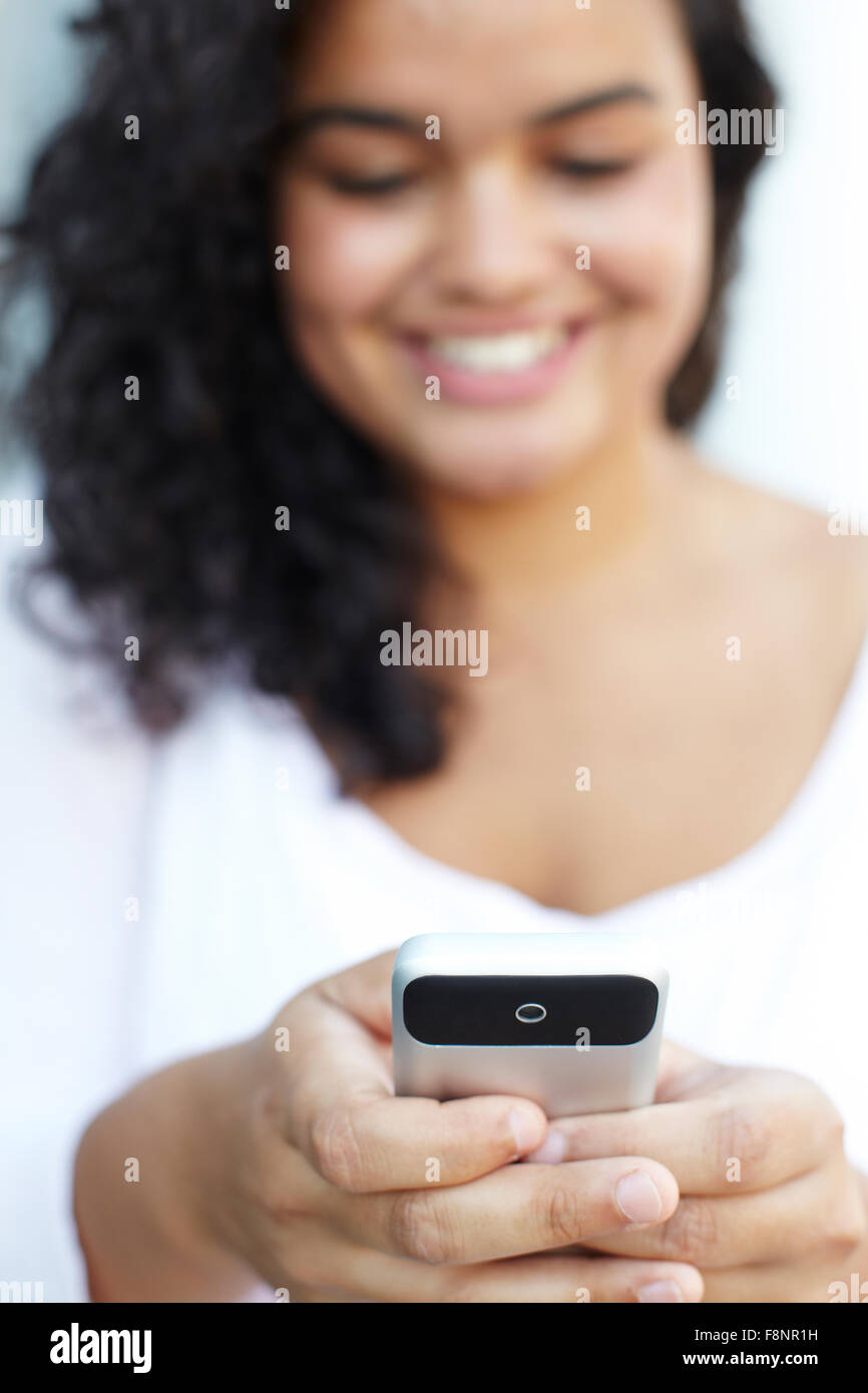 Young Woman Sending Text Message Stock Photo - Alamy