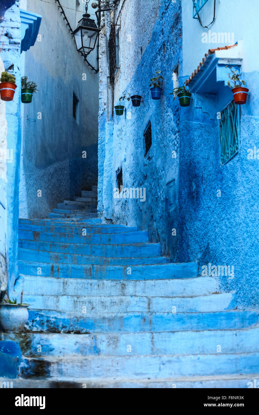 Color image of a street in the famous blue town Chefchaouen, Morocco ...