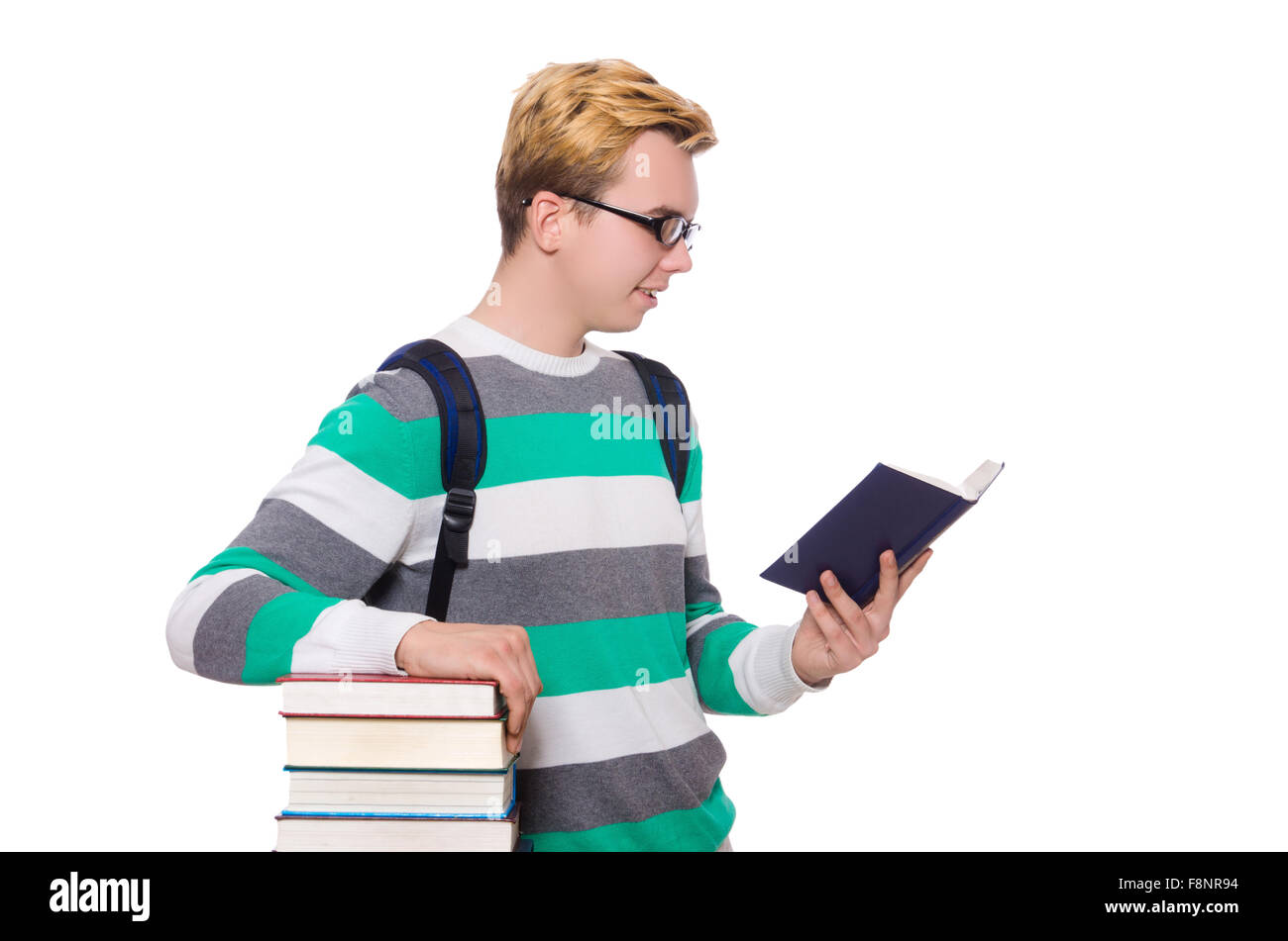 Funny student with stack of books Stock Photo - Alamy