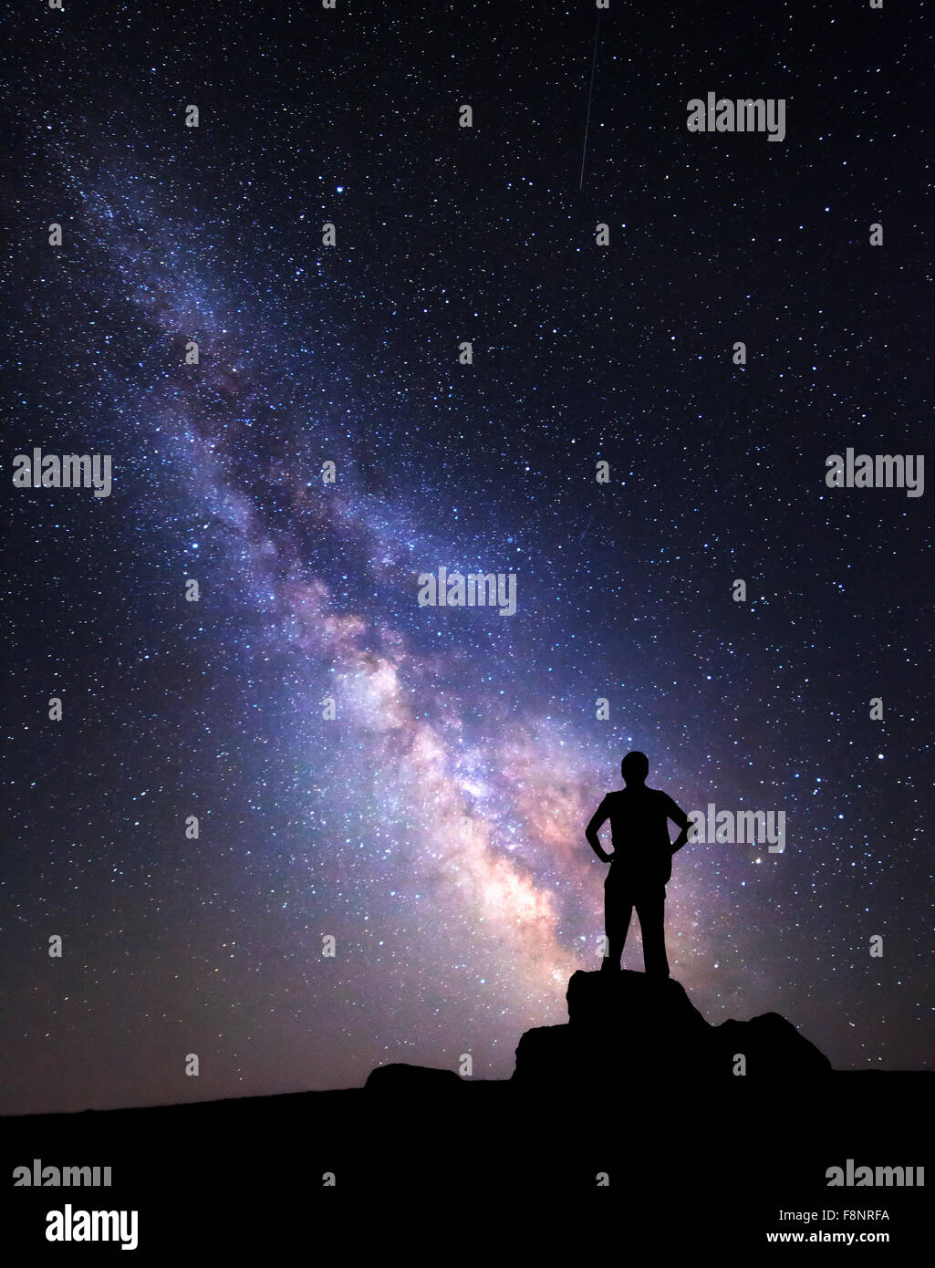 Milky Way. Night sky with stars and silhouette of a man with raised-up ...