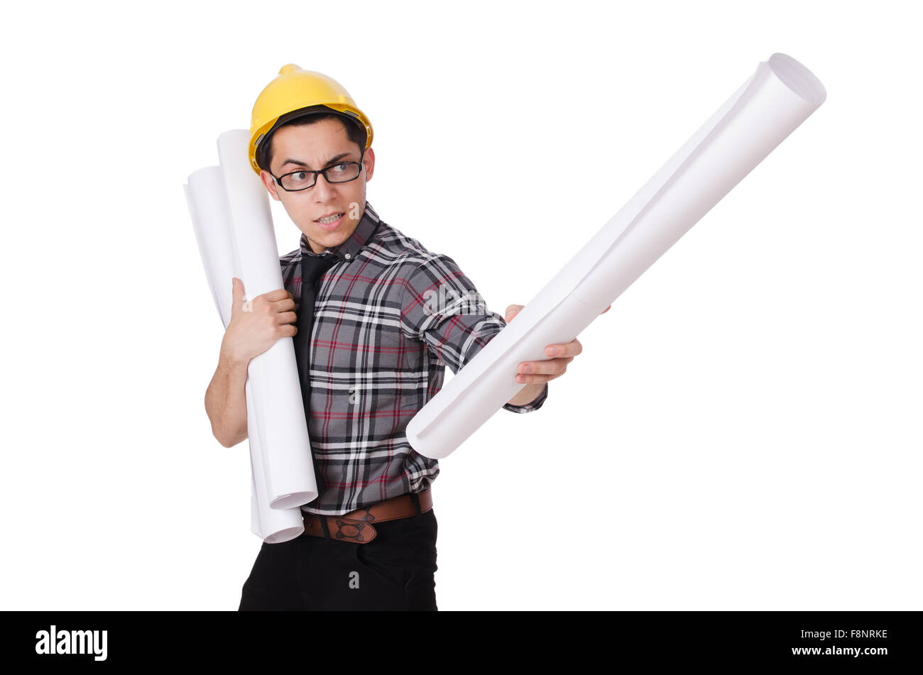 Funny man with blueprints on white Stock Photo - Alamy
