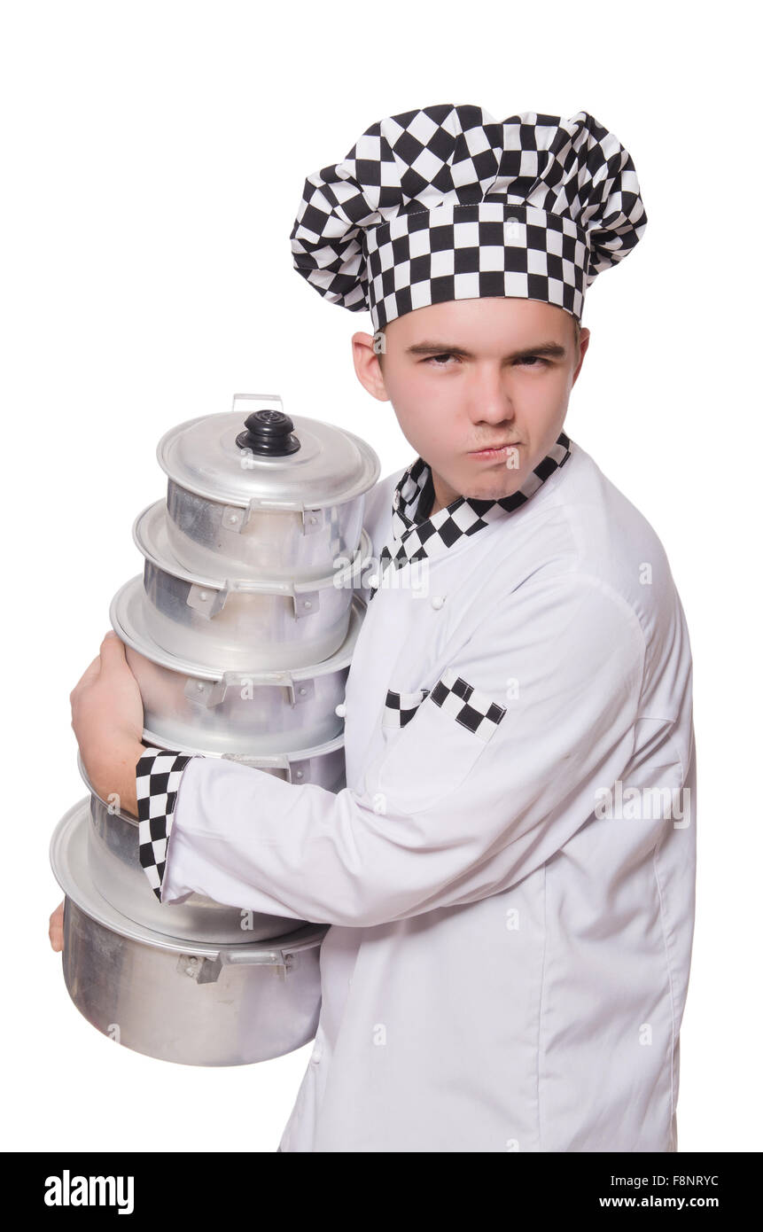 Cook with stack of pots on white Stock Photo - Alamy