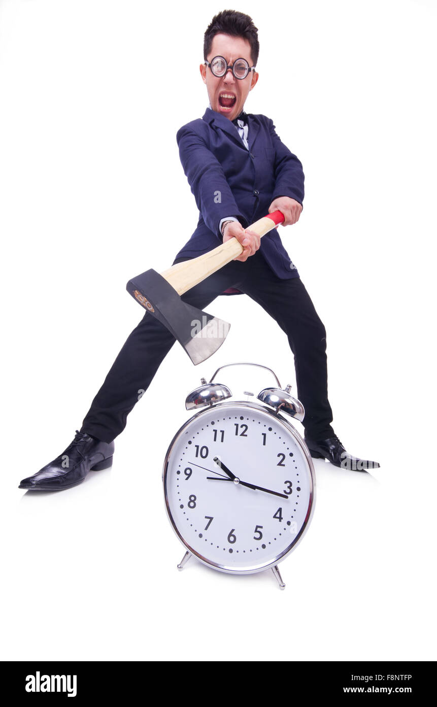 Funny man with axe and clock on white Stock Photo - Alamy