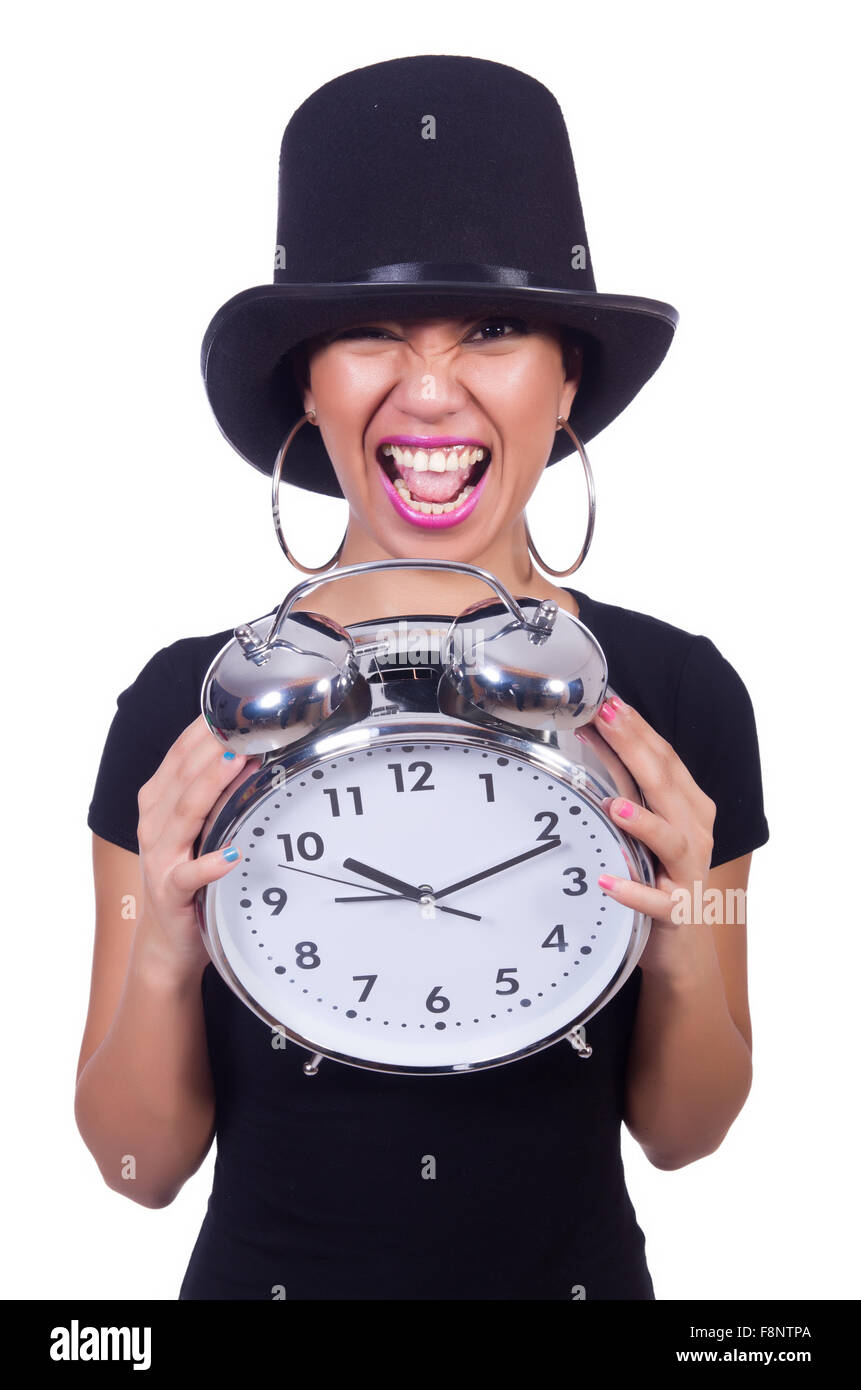 Young woman with clock isolated on white Stock Photo - Alamy