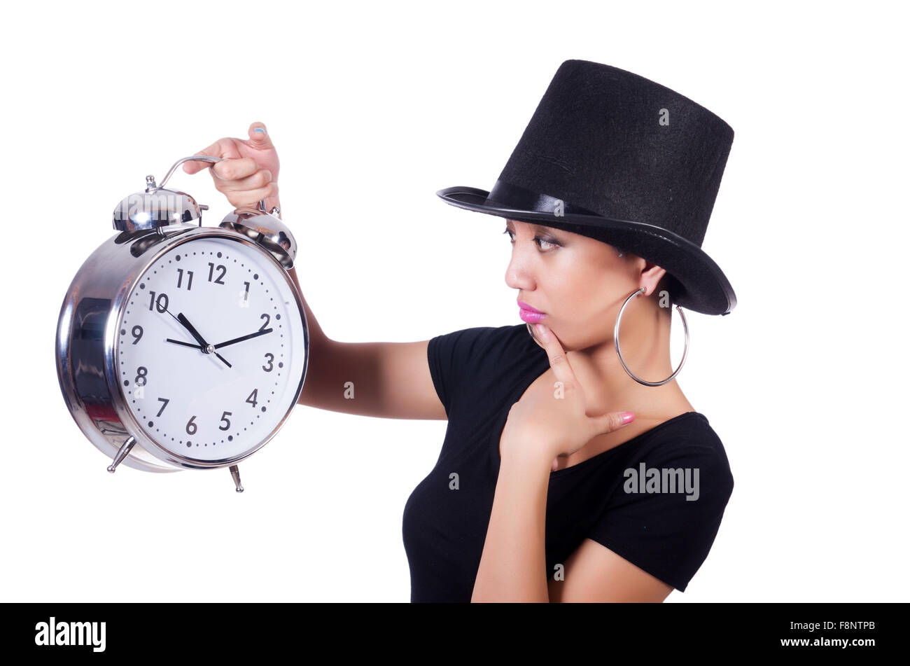 Young woman with clock isolated on white Stock Photo - Alamy