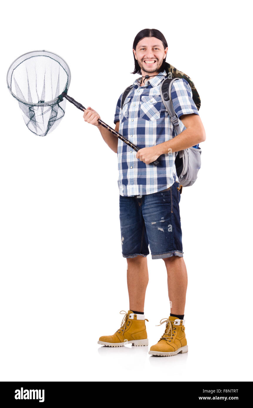 Man with catching net isolated on white Stock Photo - Alamy