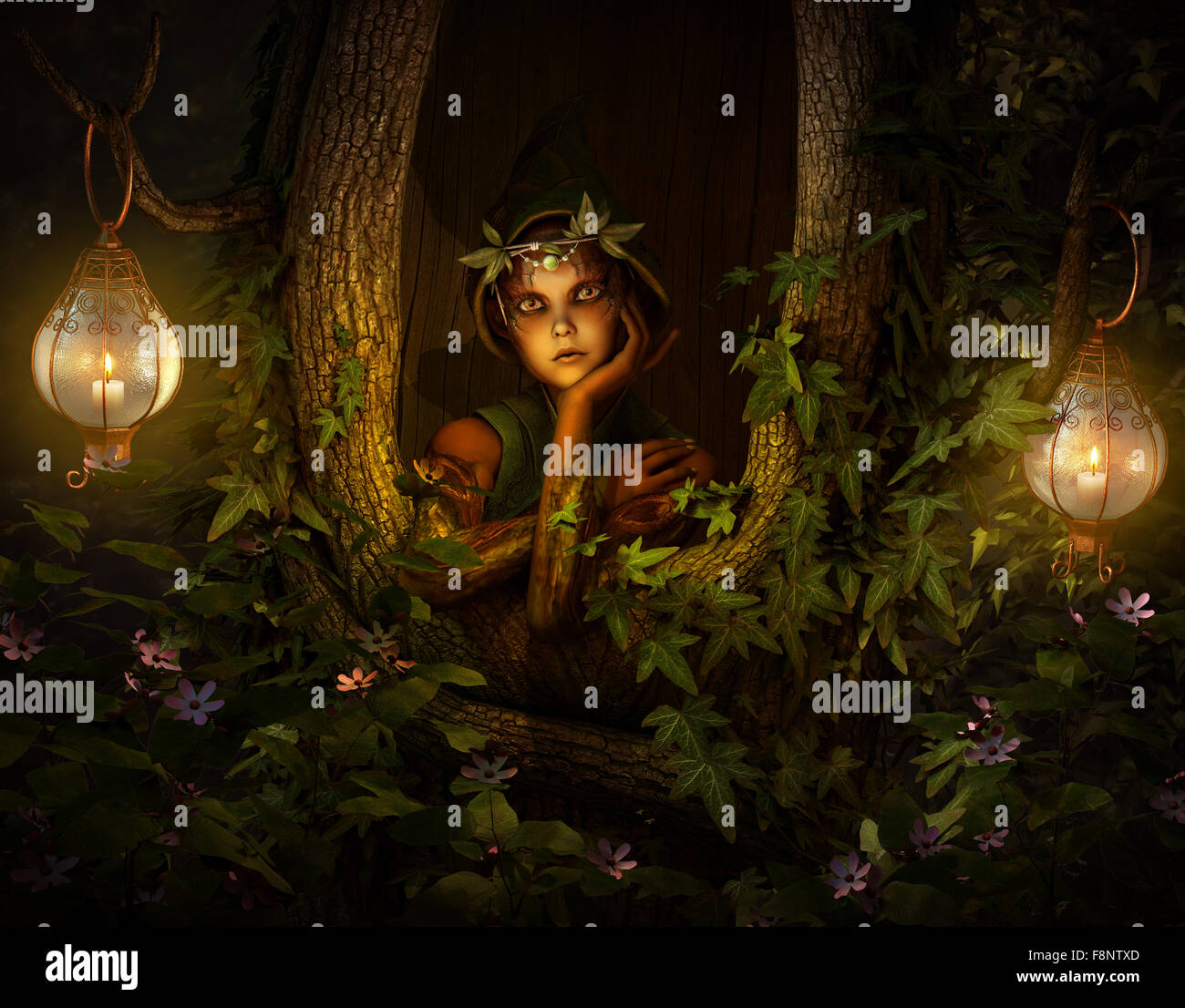 3d computer graphics of a pixie who looks out of a hollow tree Stock ...