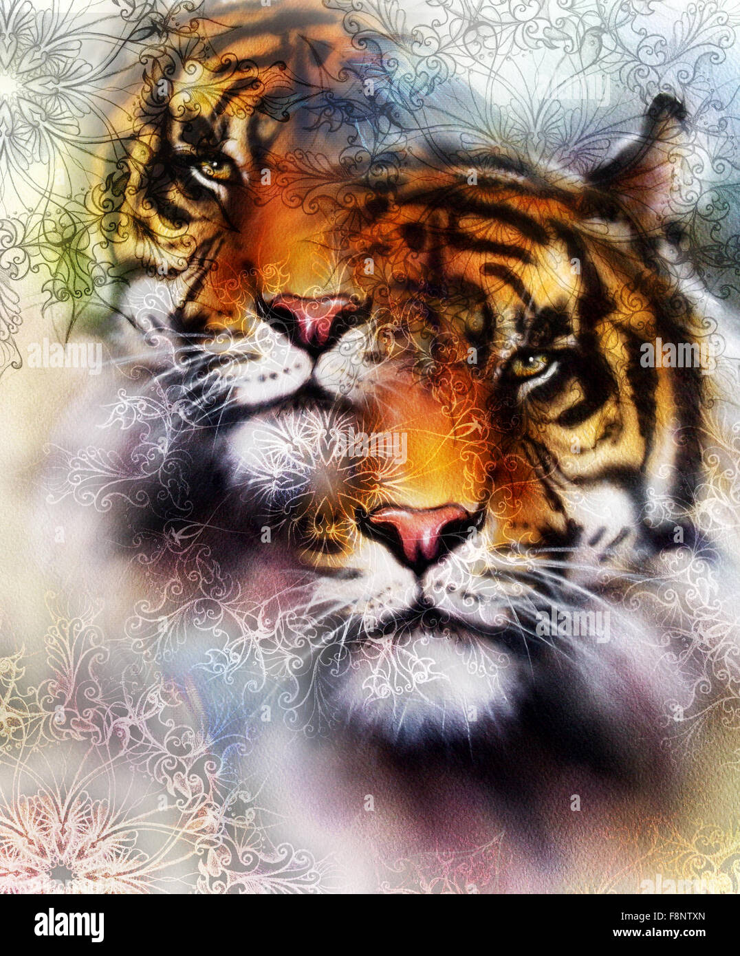 tiger collage on color abstract background and mandala with ornamet ...