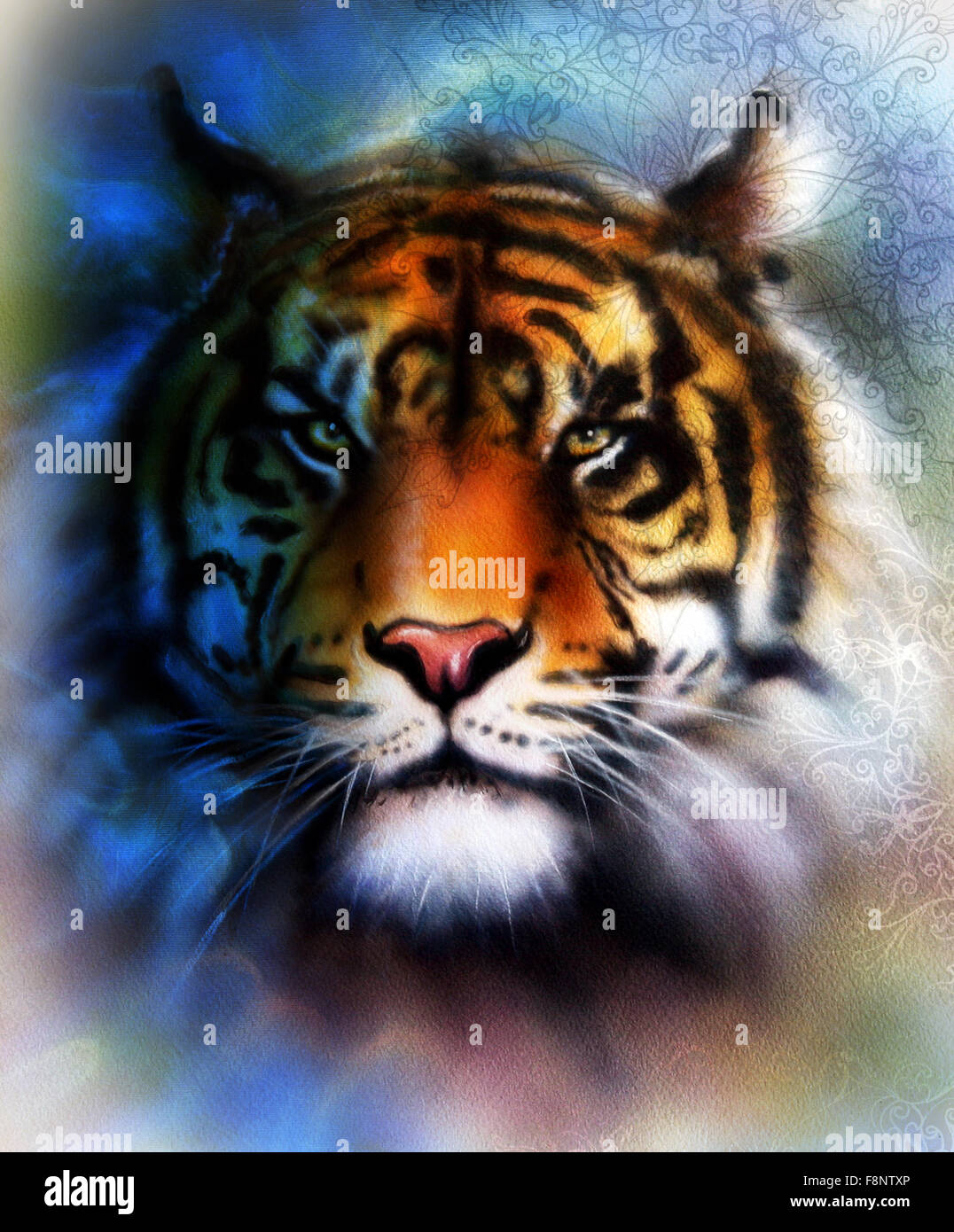 tiger collage on color abstract background and mandala with ornamet ...